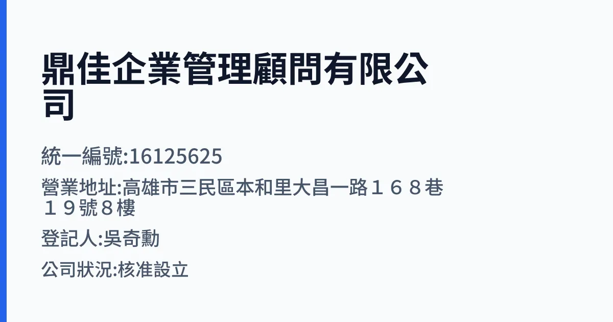 鼎佳企業管理顧問有限公司 - 統編 16125625(高雄市) 公司登記資料與營業項目詳細圖表