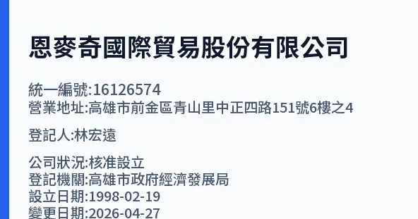 恩麥奇國際貿易股份有限公司的照片-統編 16126574(高雄市) 公司登記資料與營業項目詳細圖表