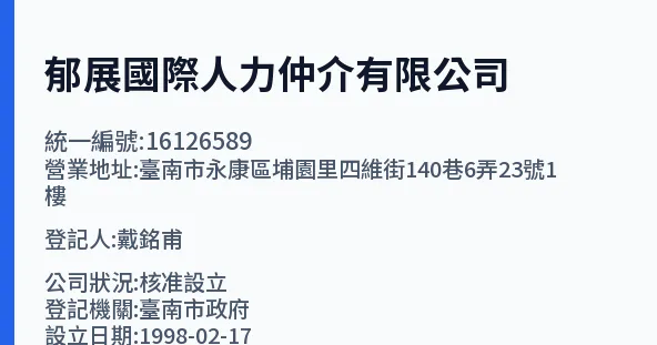 郁展國際人力仲介有限公司的照片-統編 16126589(臺南市) 公司登記資料與營業項目詳細圖表