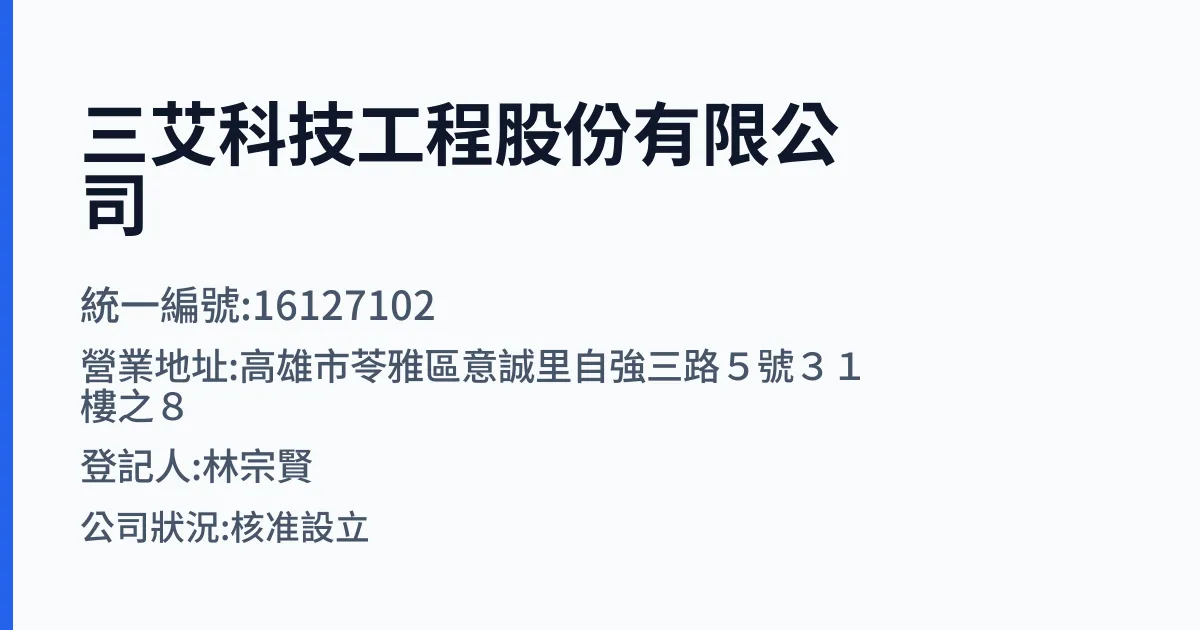 三艾科技工程股份有限公司 - 統編 16127102(高雄市) 公司登記資料與營業項目詳細圖表