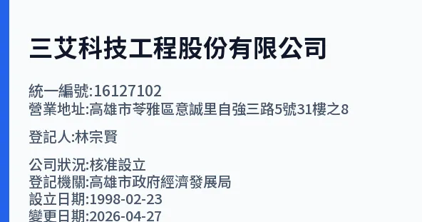 三艾科技工程股份有限公司的照片-統編 16127102(高雄市) 公司登記資料與營業項目詳細圖表