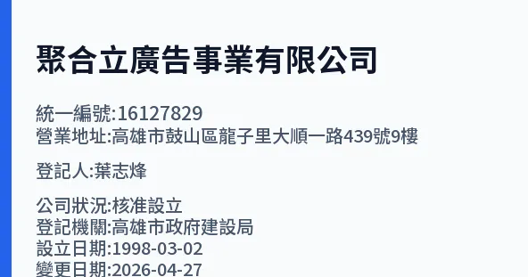 聚合立廣告事業有限公司的照片-統編 16127829(高雄市) 公司登記資料與營業項目詳細圖表