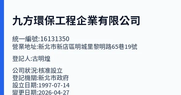 九方環保工程企業有限公司的照片-統編 16131350(新北市) 公司登記資料與營業項目詳細圖表