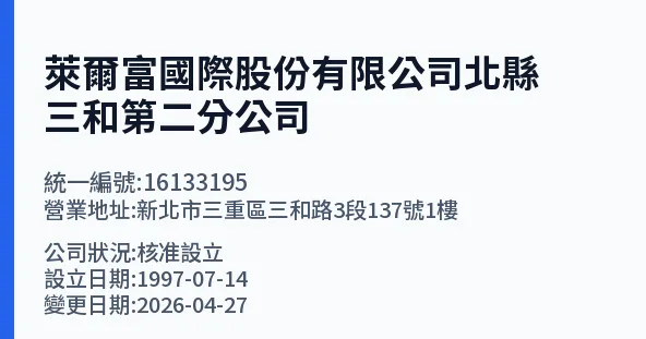 萊爾富國際股份有限公司北縣三和第二分公司的照片-統編 16133195(新北市) 公司登記資料與營業項目詳細圖表