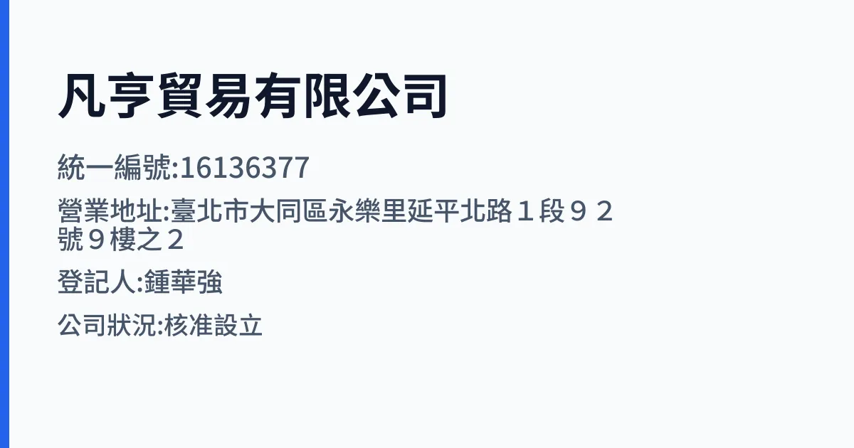 凡亨貿易有限公司 - 統編 16136377(臺北市) 公司登記資料與營業項目詳細圖表