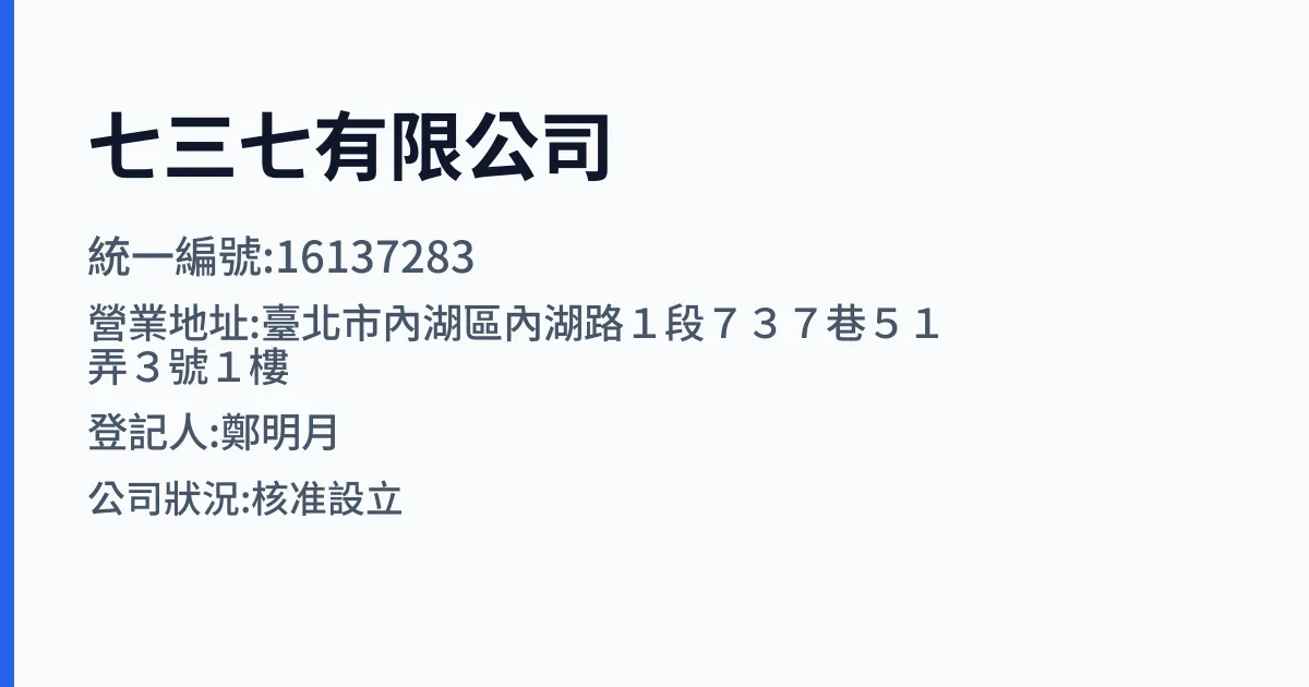 七三七有限公司 - 統編 16137283(臺北市) 公司登記資料與營業項目詳細圖表