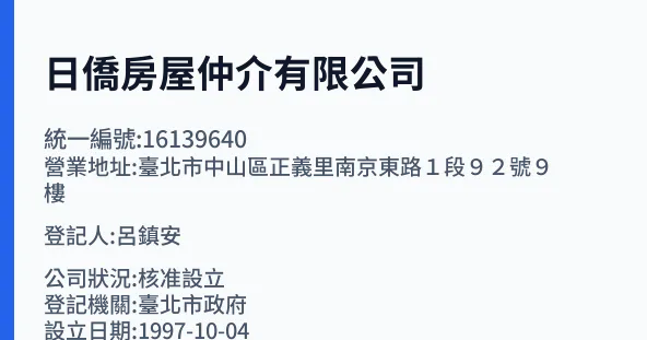 日僑房屋仲介有限公司的照片-統編 16139640(臺北市) 公司登記資料與營業項目詳細圖表