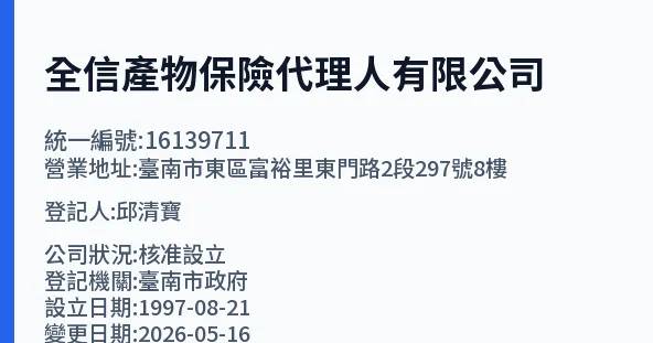 全信產物保險代理人有限公司的照片-統編 16139711(臺南市) 公司登記資料與營業項目詳細圖表