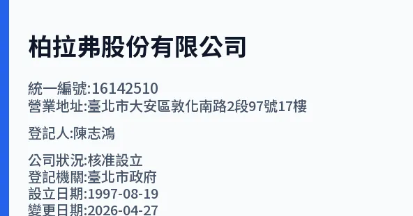 柏拉弗股份有限公司的照片-統編 16142510(臺北市) 公司登記資料與營業項目詳細圖表