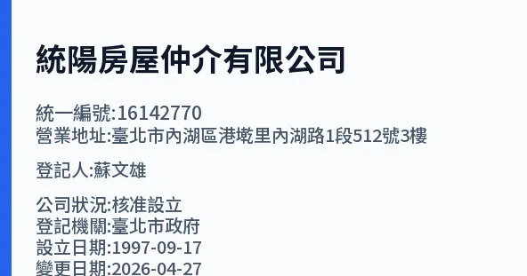 統陽房屋仲介有限公司的照片-統編 16142770(臺北市) 公司登記資料與營業項目詳細圖表