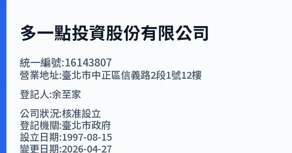多一點投資股份有限公司的照片-統編 16143807(臺北市) 公司登記資料與營業項目詳細圖表