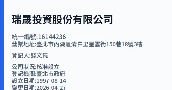 瑞晟投資股份有限公司的照片-統編 16144236(臺北市) 公司登記資料與營業項目詳細圖表