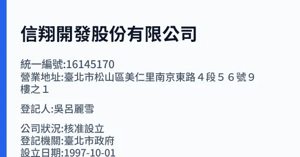 信翔開發股份有限公司的照片-統編 16145170(臺北市) 公司登記資料與營業項目詳細圖表