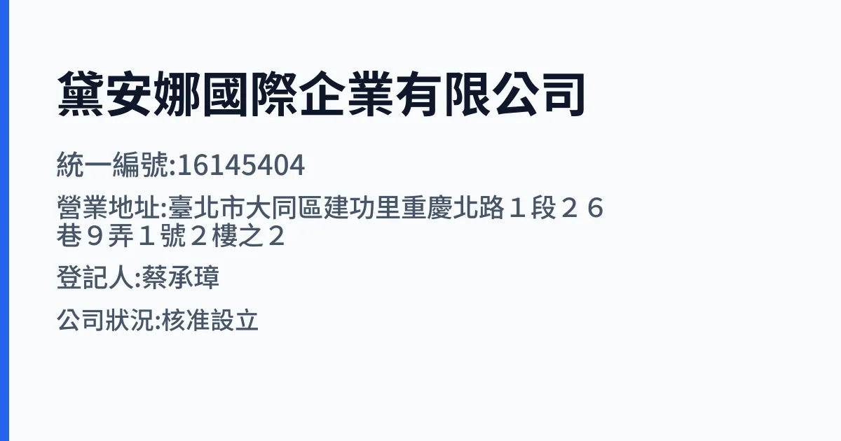 黛安娜國際企業有限公司 - 統編 16145404(臺北市) 公司登記資料與營業項目詳細圖表