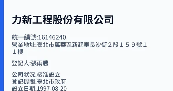力新工程股份有限公司的照片-統編 16146240(臺北市) 公司登記資料與營業項目詳細圖表