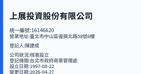 上展投資股份有限公司的照片-統編 16146620(臺北市) 公司登記資料與營業項目詳細圖表