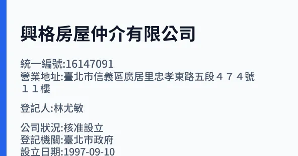 興格房屋仲介有限公司的照片-統編 16147091(臺北市) 公司登記資料與營業項目詳細圖表