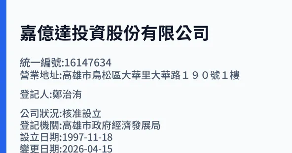 嘉億達投資股份有限公司的照片-統編 16147634(高雄市) 公司登記資料與營業項目詳細圖表