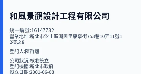 和風景觀設計工程有限公司的照片-統編 16147732(新北市) 公司登記資料與營業項目詳細圖表