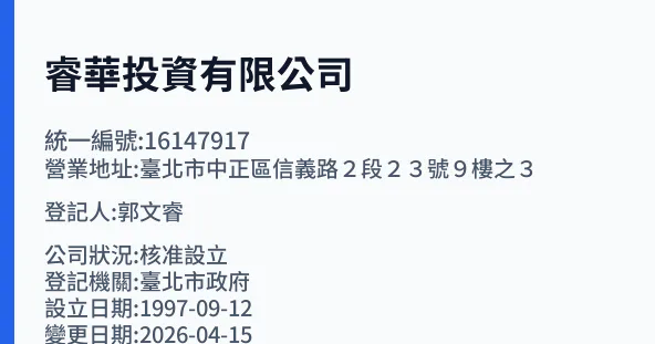 睿華投資有限公司的照片-統編 16147917(臺北市) 公司登記資料與營業項目詳細圖表