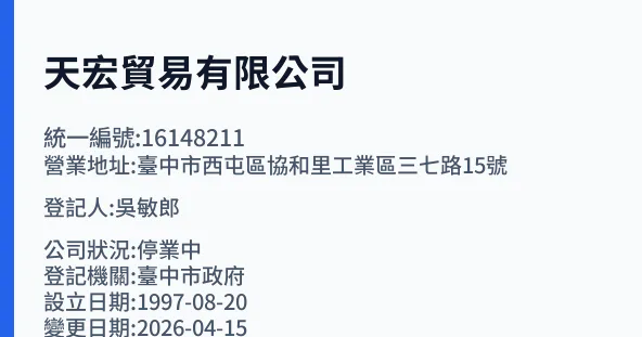 天宏貿易有限公司的照片-統編 16148211(臺中市) 公司登記資料與營業項目詳細圖表