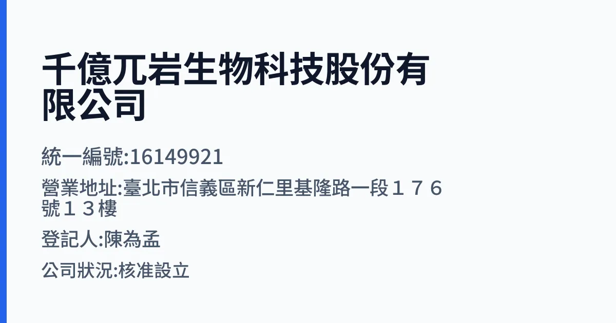 千億兀岩生物科技股份有限公司 - 統編 16149921(臺北市) 公司登記資料與營業項目詳細圖表