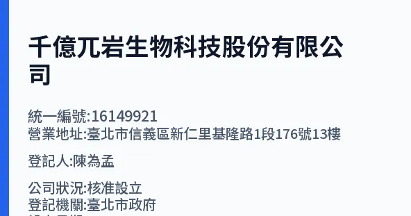 千億兀岩生物科技股份有限公司的照片-統編 16149921(臺北市) 公司登記資料與營業項目詳細圖表