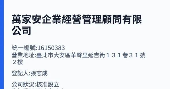 萬家安企業經營管理顧問有限公司的照片-統編 16150383(臺北市) 公司登記資料與營業項目詳細圖表
