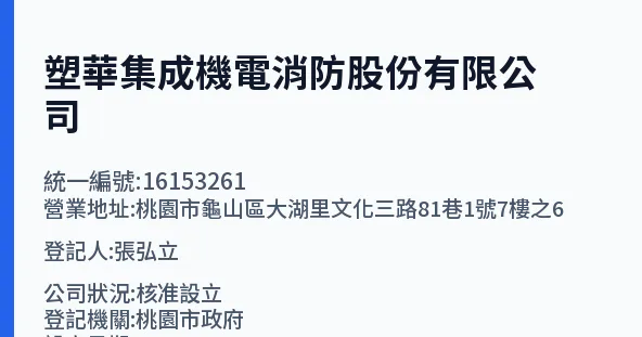 塑華集成機電消防股份有限公司的照片-統編 16153261(桃園市) 公司登記資料與營業項目詳細圖表