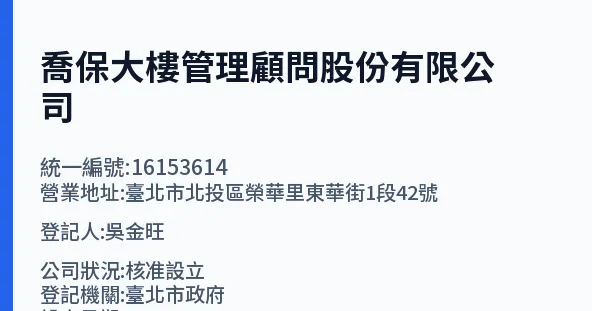 喬保大樓管理顧問股份有限公司的照片-統編 16153614(臺北市) 公司登記資料與營業項目詳細圖表