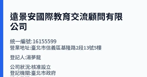 遠景安國際教育交流顧問有限公司的照片-統編 16155599(臺北市) 公司登記資料與營業項目詳細圖表