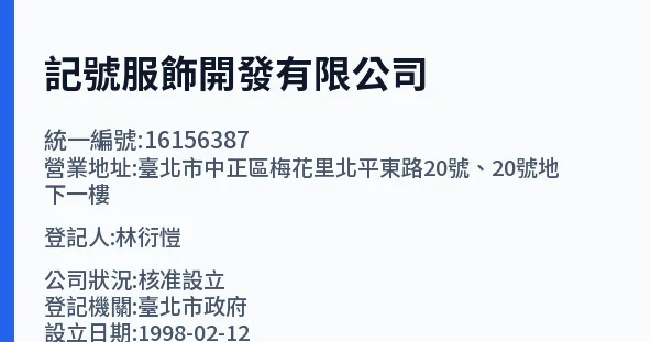 記號服飾開發有限公司的照片-統編 16156387(臺北市) 公司登記資料與營業項目詳細圖表