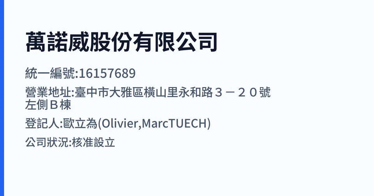 萬諾威股份有限公司 - 統編 16157689(臺中市) 公司登記資料與營業項目詳細圖表