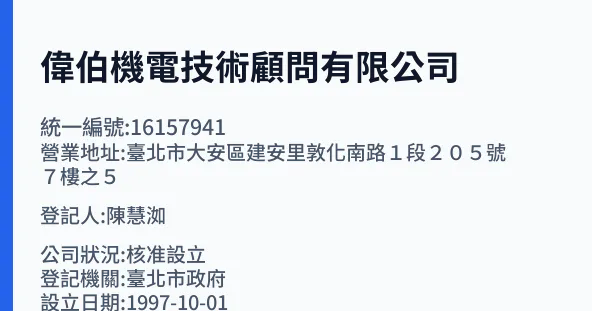 偉伯機電技術顧問有限公司的照片-統編 16157941(臺北市) 公司登記資料與營業項目詳細圖表