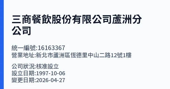 三商餐飲股份有限公司蘆洲分公司的照片-統編 16163367(新北市) 公司登記資料與營業項目詳細圖表