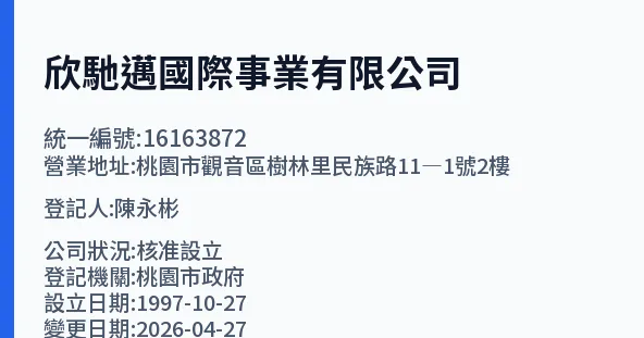 欣馳邁國際事業有限公司的照片-統編 16163872(桃園市) 公司登記資料與營業項目詳細圖表