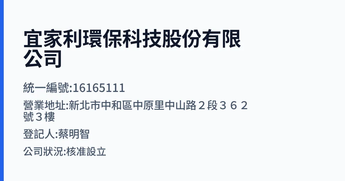 宜家利環保科技股份有限公司 - 統編 16165111(新北市) 公司登記資料與營業項目詳細圖表