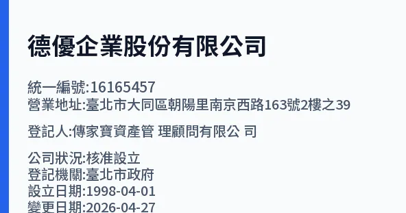 德優企業股份有限公司的照片-統編 16165457(臺北市) 公司登記資料與營業項目詳細圖表