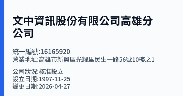 文中資訊股份有限公司高雄分公司的照片-統編 16165920(高雄市) 公司登記資料與營業項目詳細圖表