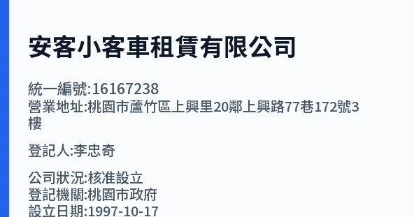 安客小客車租賃有限公司的照片-統編 16167238(桃園市) 公司登記資料與營業項目詳細圖表