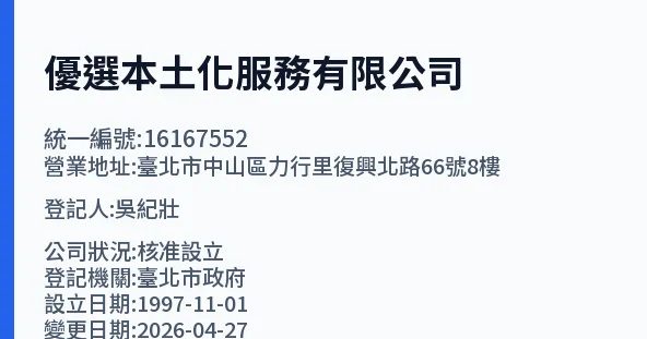 優選本土化服務有限公司的照片-統編 16167552(臺北市) 公司登記資料與營業項目詳細圖表