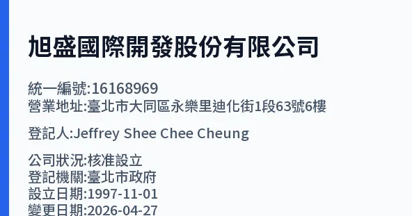 旭盛國際開發股份有限公司的照片-統編 16168969(臺北市) 公司登記資料與營業項目詳細圖表