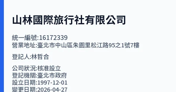 山林國際旅行社有限公司的照片-統編 16172339(臺北市) 公司登記資料與營業項目詳細圖表