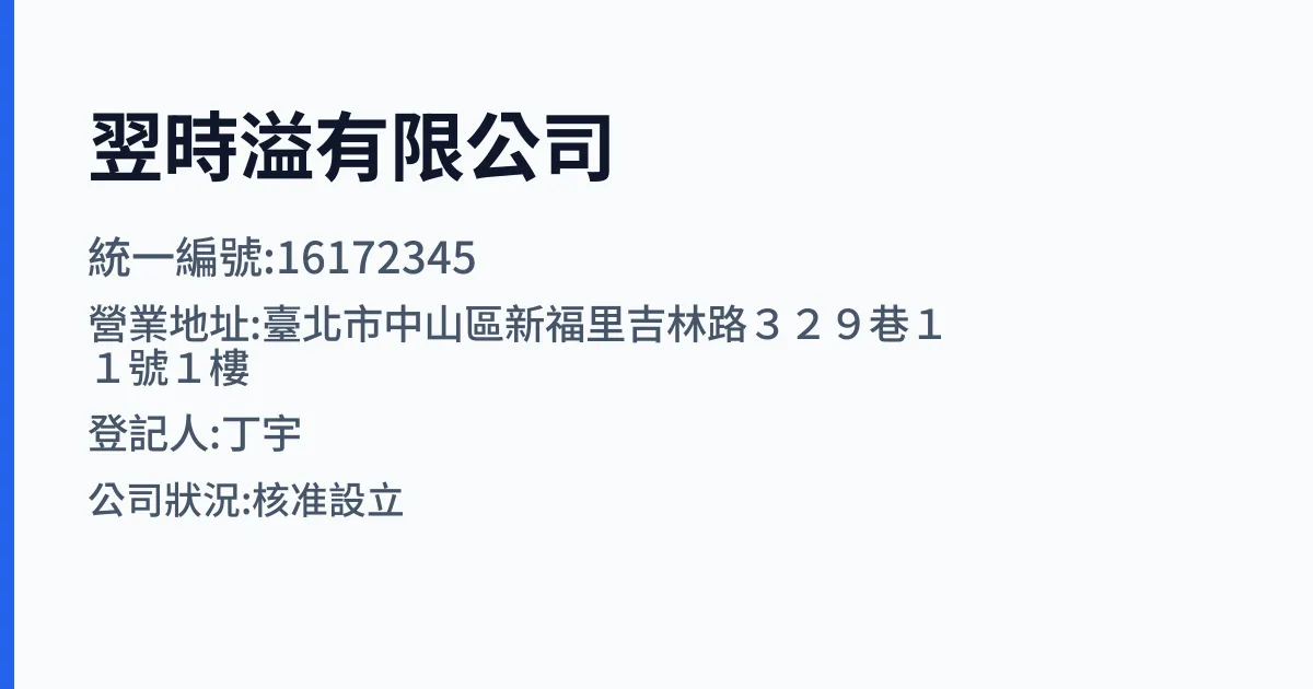 翌時溢有限公司 - 統編 16172345(臺北市) 公司登記資料與營業項目詳細圖表