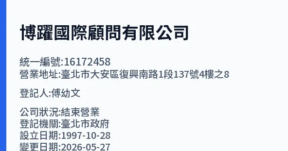 博躍國際顧問有限公司的照片-統編 16172458(臺北市) 公司登記資料與營業項目詳細圖表