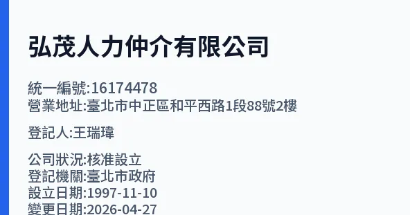 弘茂人力仲介有限公司的照片-統編 16174478(臺北市) 公司登記資料與營業項目詳細圖表