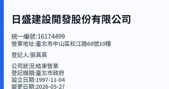 日盛建設開發股份有限公司的照片-統編 16174499(臺北市) 公司登記資料與營業項目詳細圖表