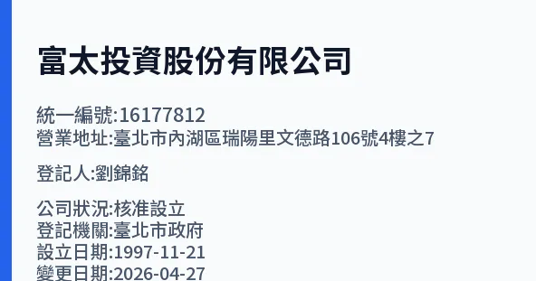 富太投資股份有限公司的照片-統編 16177812(臺北市) 公司登記資料與營業項目詳細圖表