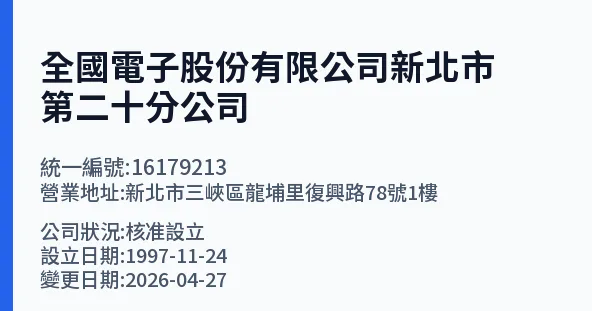 全國電子股份有限公司新北市第二十分公司的照片-統編 16179213(新北市) 公司登記資料與營業項目詳細圖表