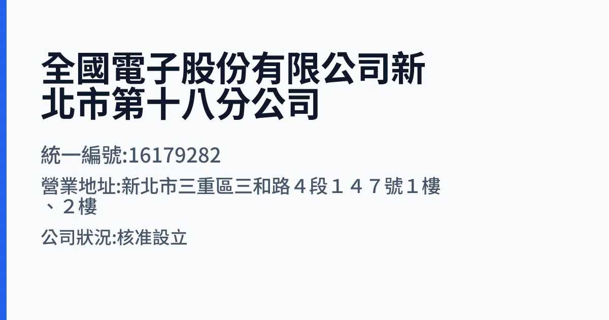 全國電子股份有限公司新北市第十八分公司 - 統編 16179282(新北市) 公司登記資料與營業項目詳細圖表